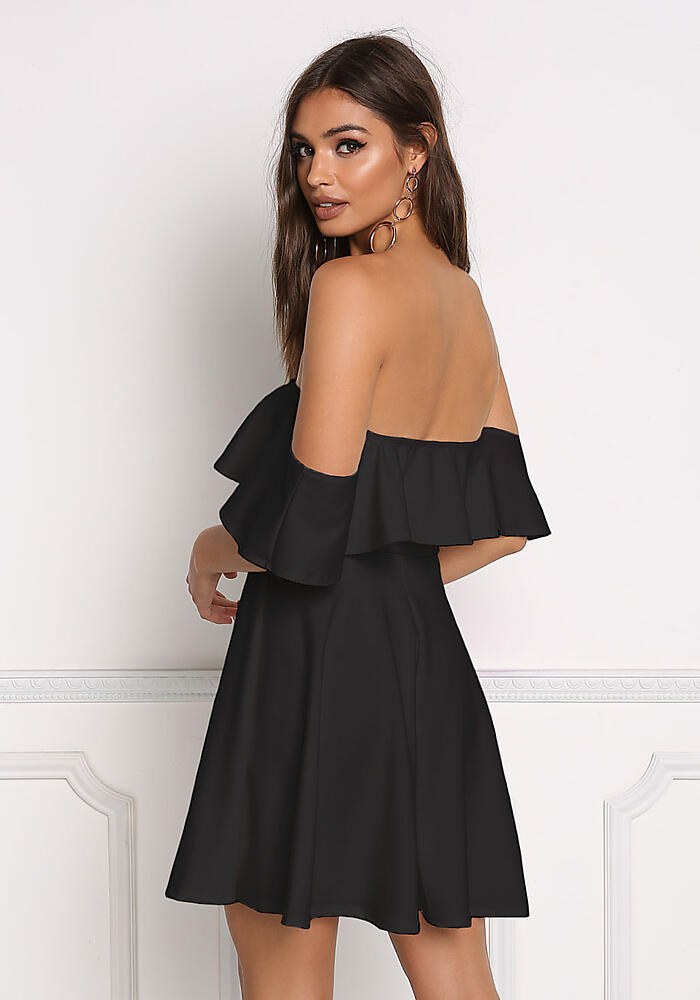 Black Off Shoulder Ruffle Flared Dress - Dresses